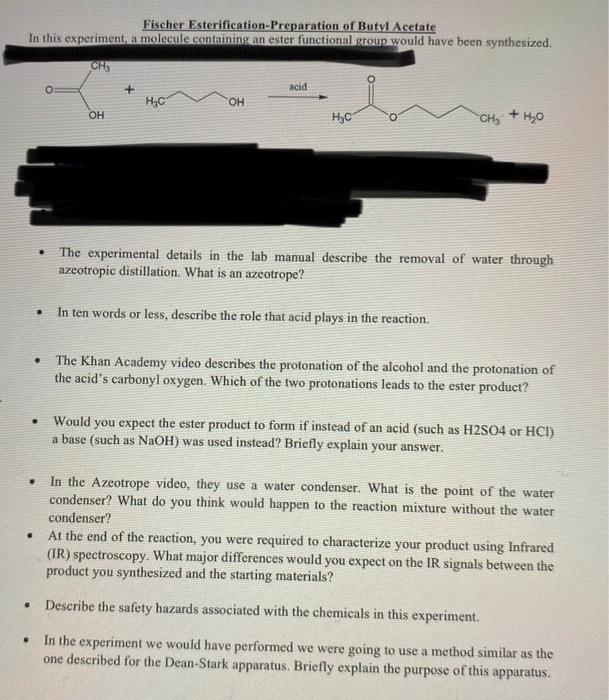 Solved Fischer Esterification-Preparation of Butyl Acetate | Chegg.com