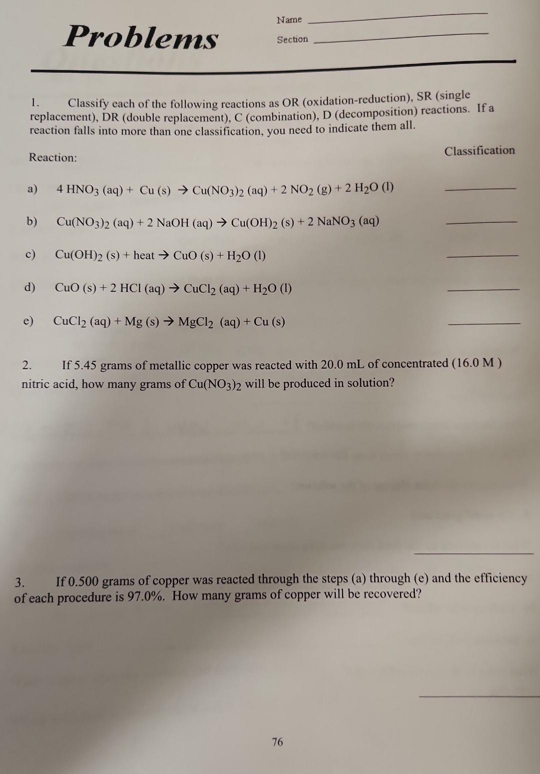Solved 1. Classify each of the following reactions as OR | Chegg.com