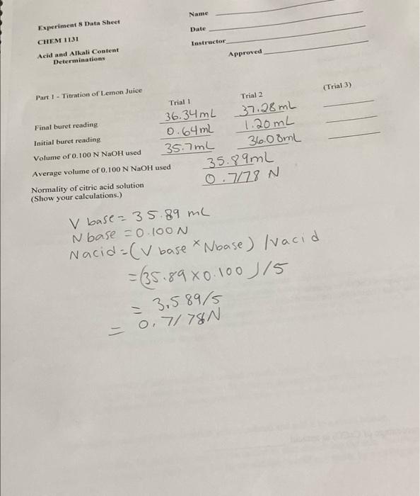Solved Name Date Experiment 8 Data Sheet CHEM 1131 | Chegg.com