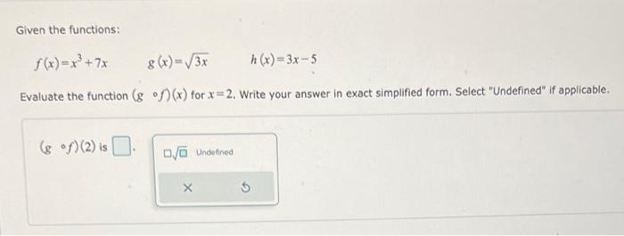 Solved Given the functions: f(x)=x²-3x 8(x) = √3x h (x) = | Chegg.com
