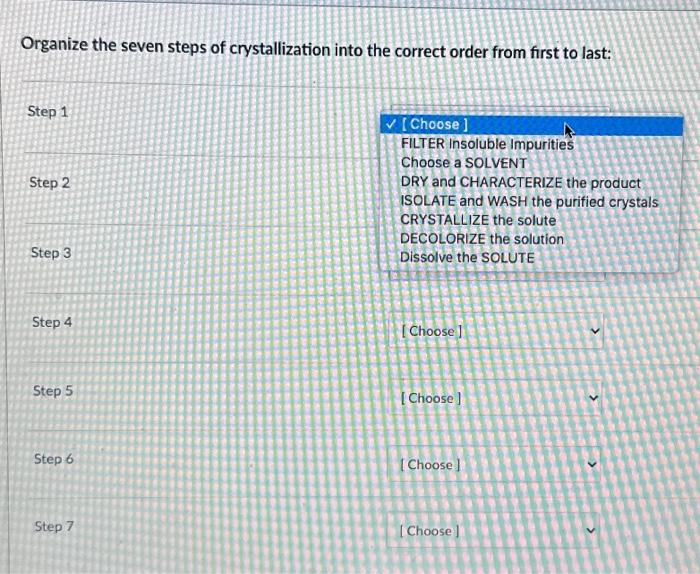 Solved Organize the seven steps of crystallization into the | Chegg.com