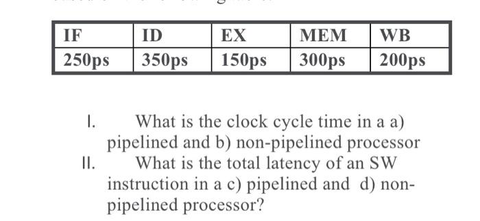 Solved EX IF 250ps ID 350ps MEM 300ps WB 200ps 150ps 1. II. | Chegg.com