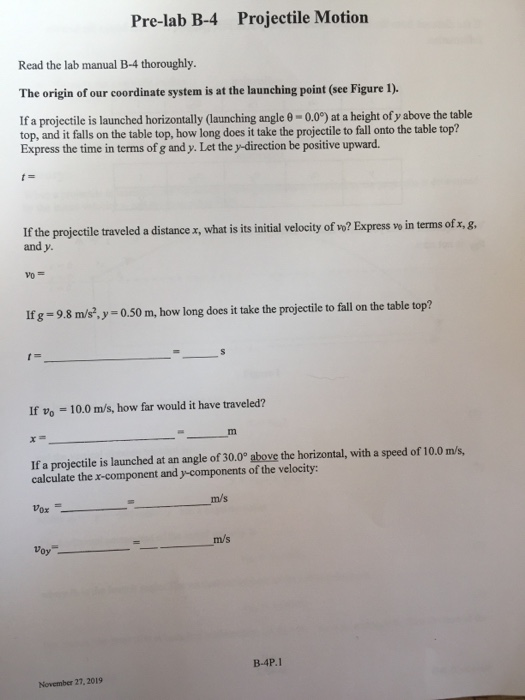 Solved Pre-lab B-4 Projectile Motion Read the lab manual B-4 | Chegg.com