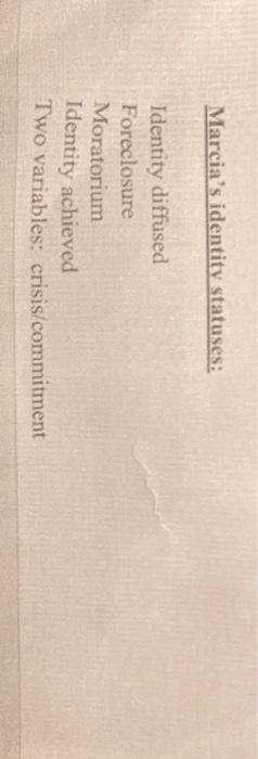 Solved Marcia's identity statuses: Identity diffused | Chegg.com