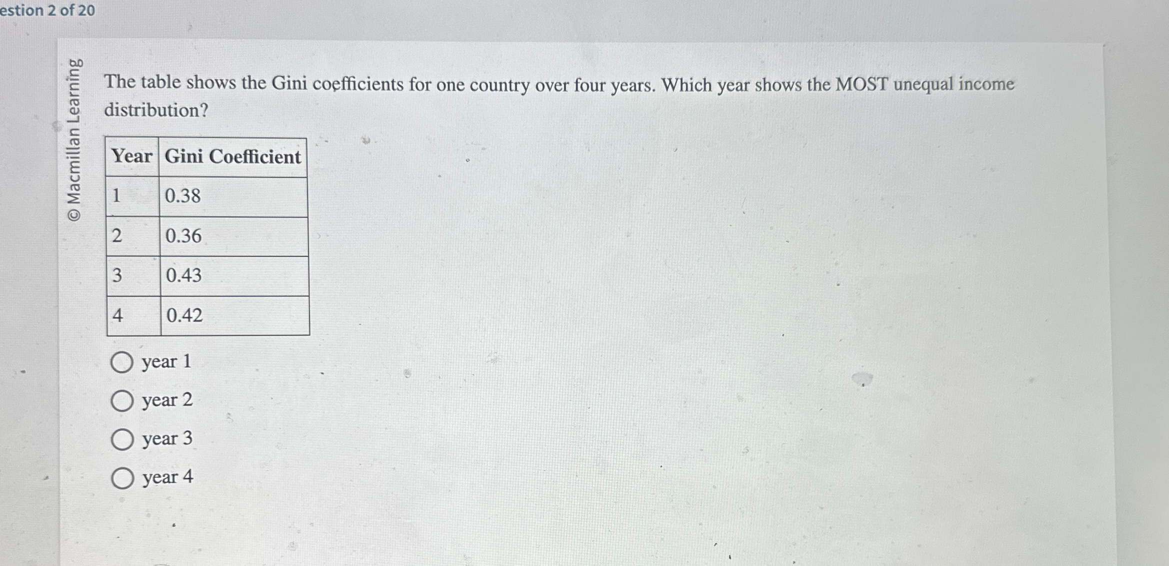 Solved estion 2 ﻿of 20The table shows the Gini coefficients | Chegg.com