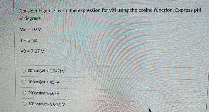 Solved v=Vm cos (wt + o). V m Vm -Vo АА 0 -Vm T Figure 7: | Chegg.com