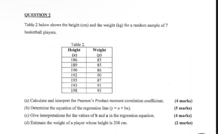 Solved Table 2 below shows the height (cm) and the weight | Chegg.com