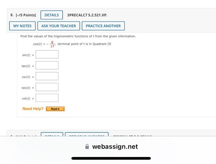 Solved 8. (-/5 Points] DETAILS SPRECALC7 5.2.521.XP. MY | Chegg.com
