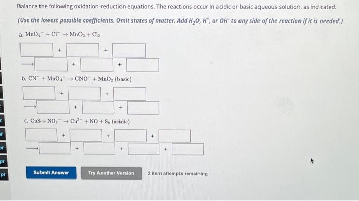 Solved Balance the following oxidation-reduction equations. | Chegg.com