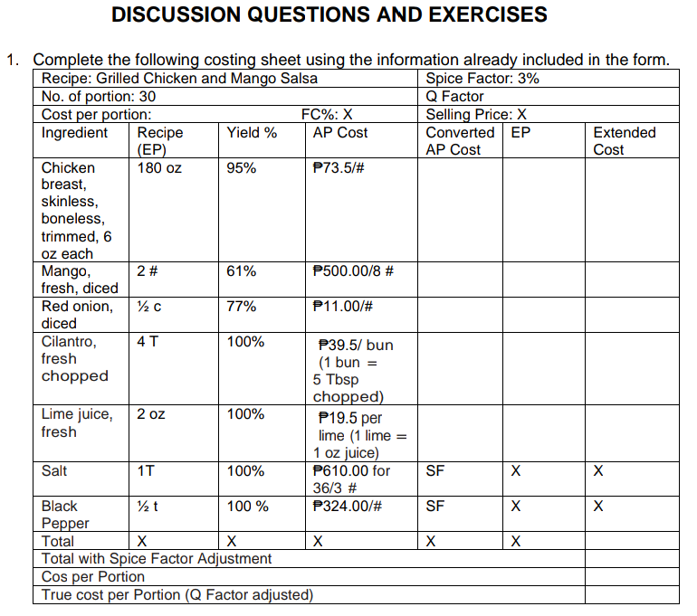 Example of Costing Sheet - EP Quantities, Yield | Chegg.com