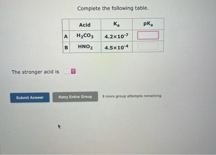 Solved Complete the following table. Acid Ka pka H₂CO3 | Chegg.com