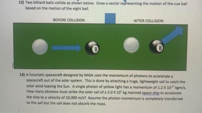 Solved 12) Two billiard balls collide as shown below. Draw a | Chegg.com