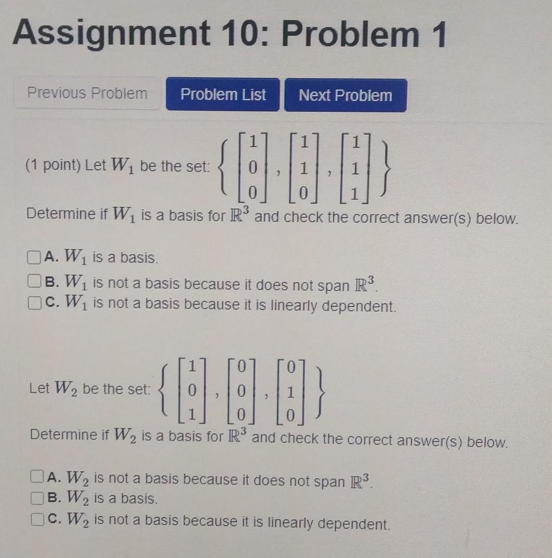 Solved Assignment 10: Problem 1 (1 point) Let W1 be the set: | Chegg.com