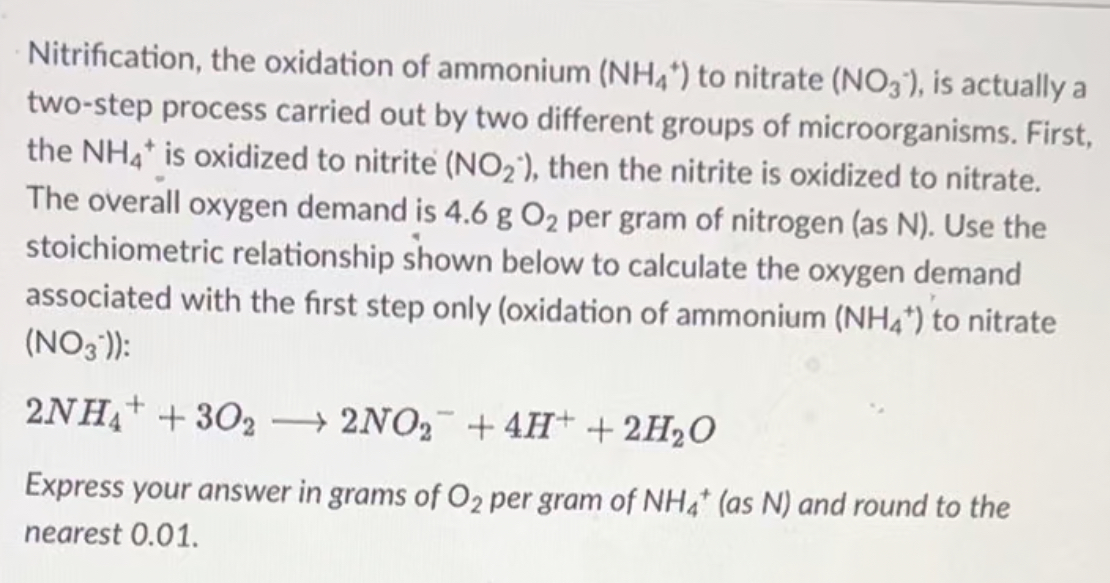 Solved Nitrification, the oxidation of ammonium (NH4+)to | Chegg.com