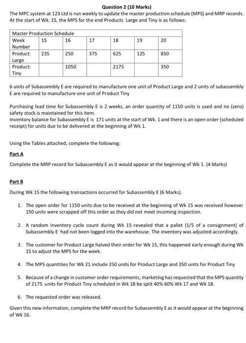 Solved Question 2 (10 Marks) The MPC system at 123 Ltd is | Chegg.com