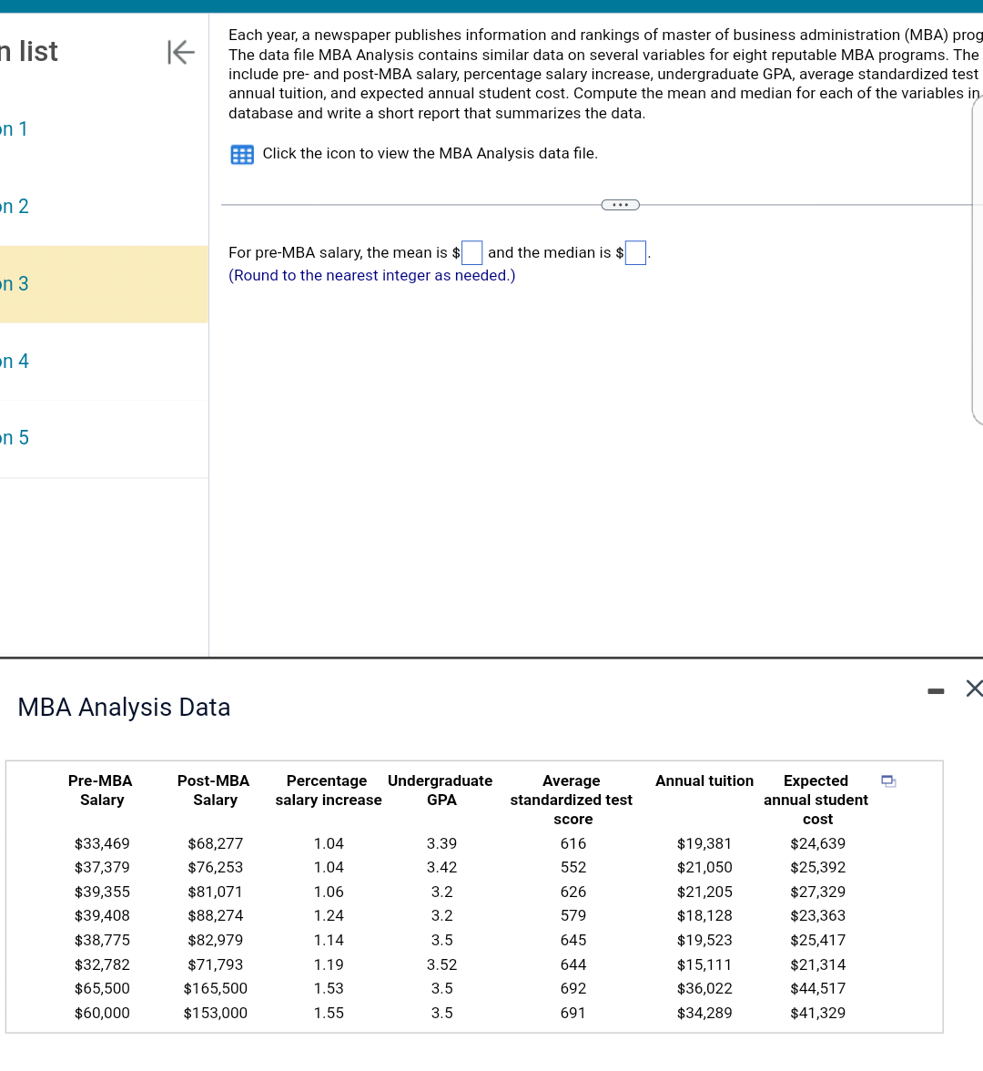 Solved list The data file MBA Analysis contains similar data | Chegg.com