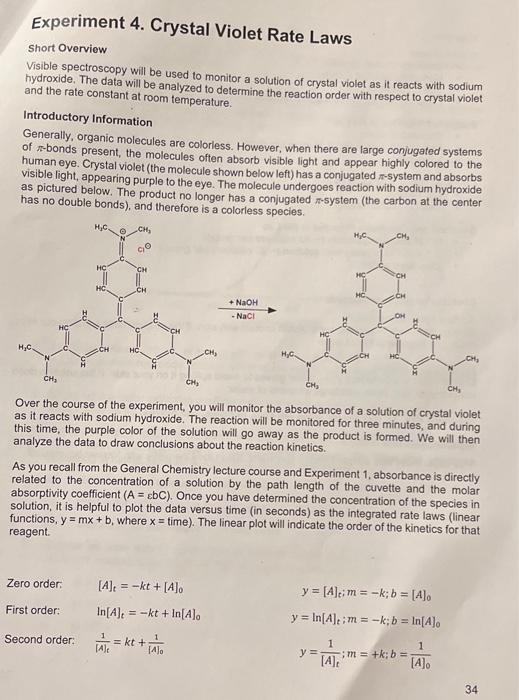 Solved Experiment 4. Crystal Violet Rate Laws Short Overviow | Chegg.com