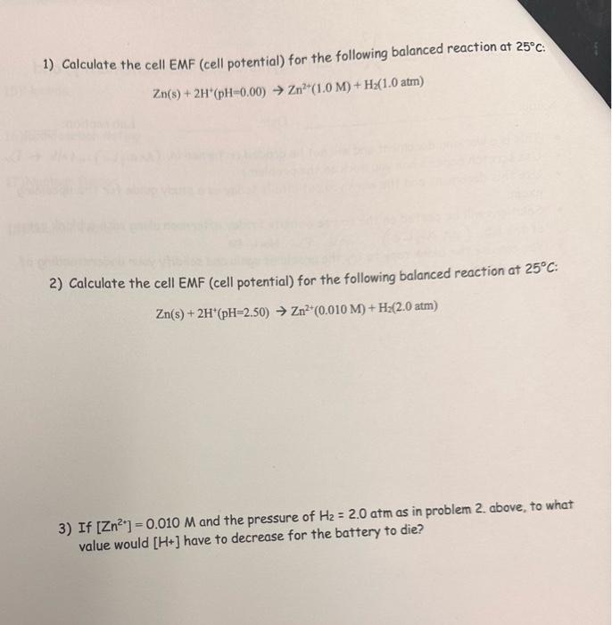 Solved 1 Calculate The Cell Emf Cell Potential For The