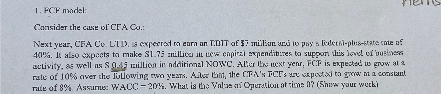 FCF model:Consider the case of CFA Co.:Next year, CFA | Chegg.com