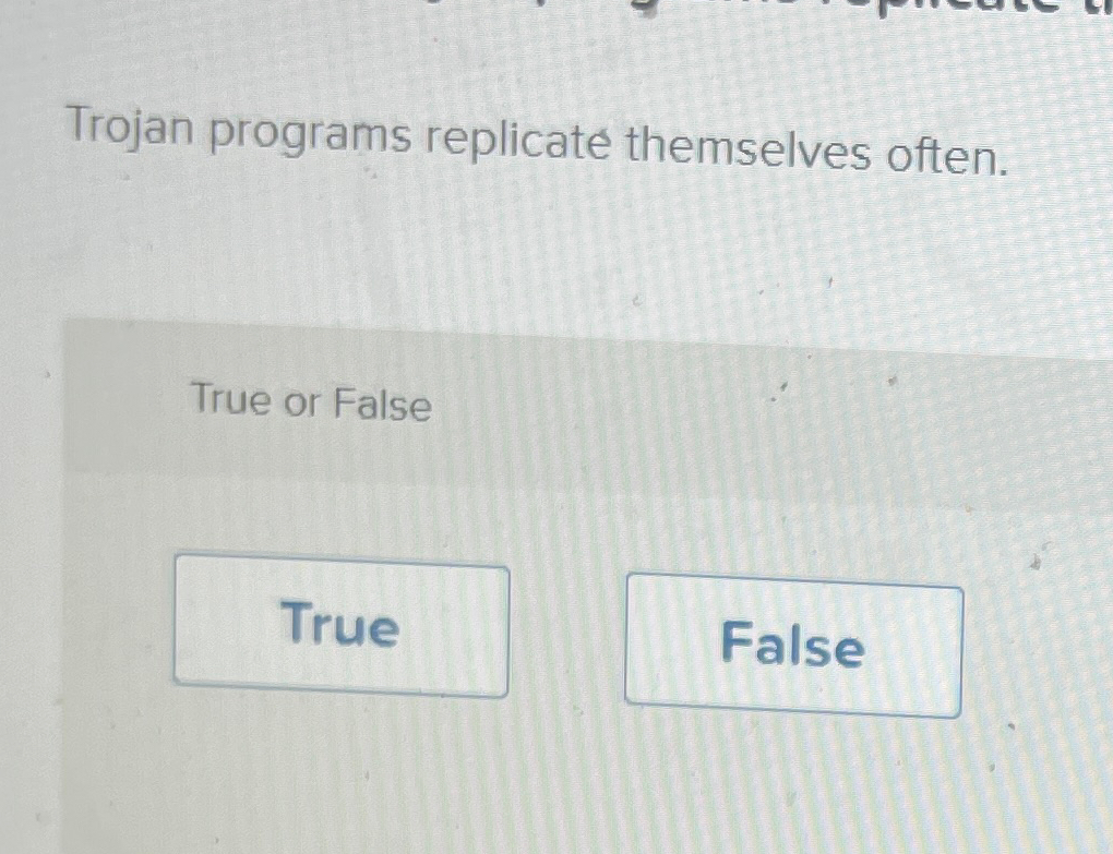 Solved Trojan programs replicate themselves often.True or | Chegg.com