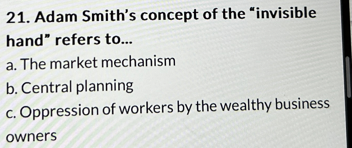 Solved Adam Smith's concept of the "invisible hand" refers | Chegg.com