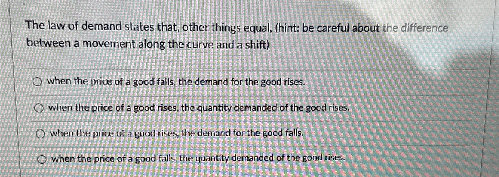 Solved The law of demand states that, other things equal, | Chegg.com