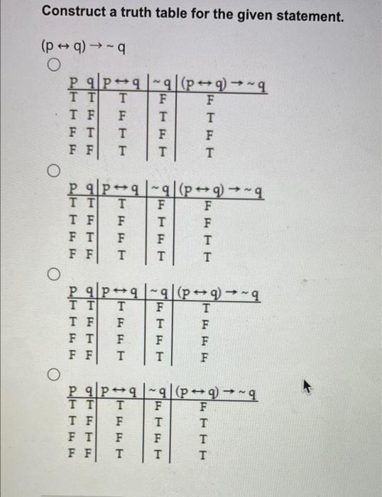 Solved Construct a truth table for the given statement. (p = | Chegg.com