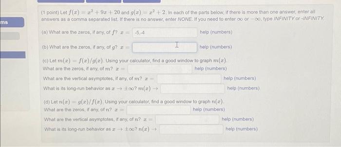Solved (1 point) Let f(x)=x2+9x+20 and g(x)=x2+2. In each of | Chegg.com