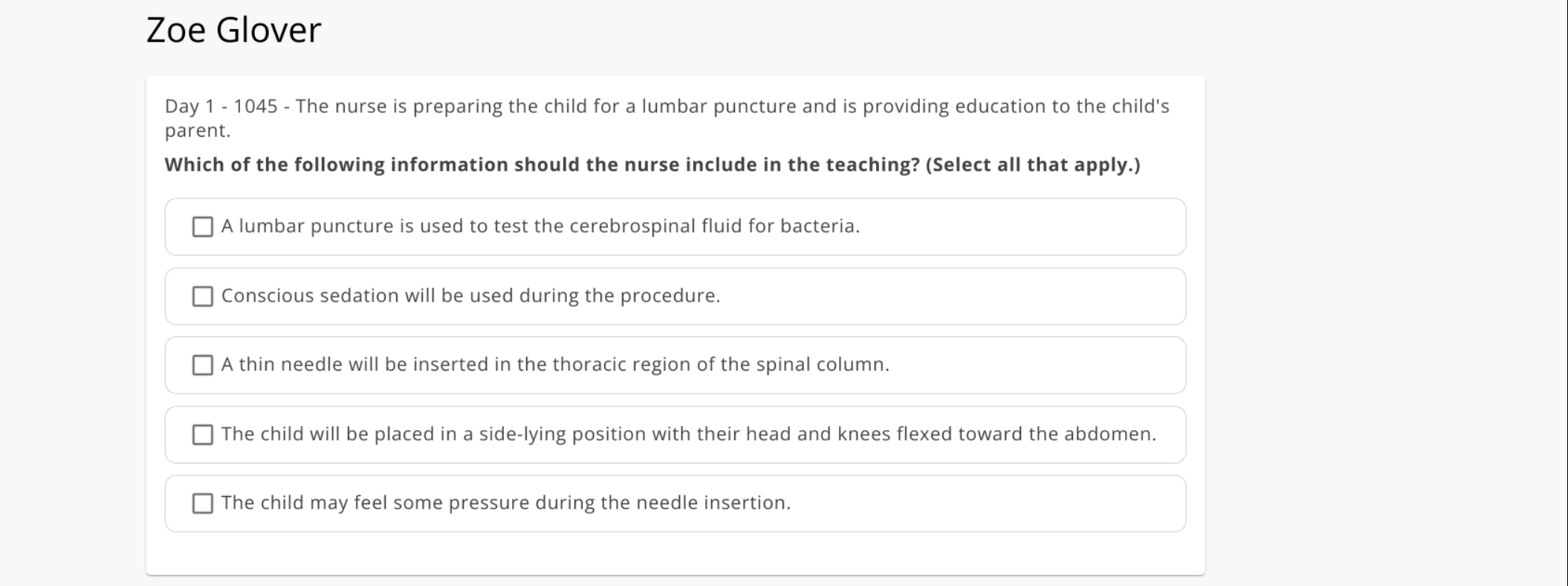 Solved Zoe GloverDay 1 - 1045 - ﻿The nurse is preparing the | Chegg.com