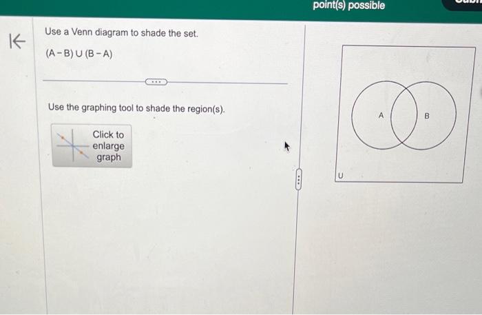 Solved Use a Venn diagram to shade the set. (A−B)∪(B−A) Use | Chegg.com