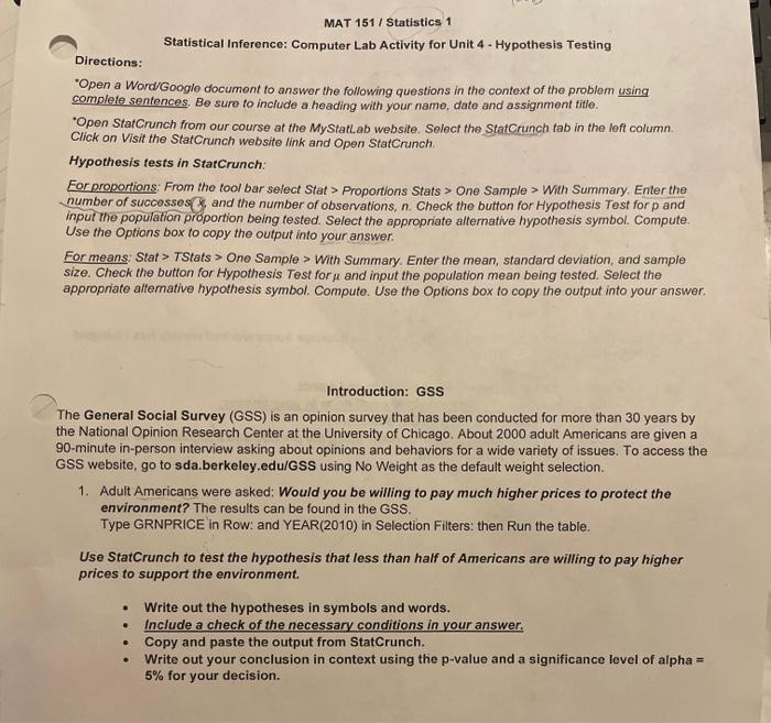 MAT 151 / Statistics 1 Statistical Inference: | Chegg.com