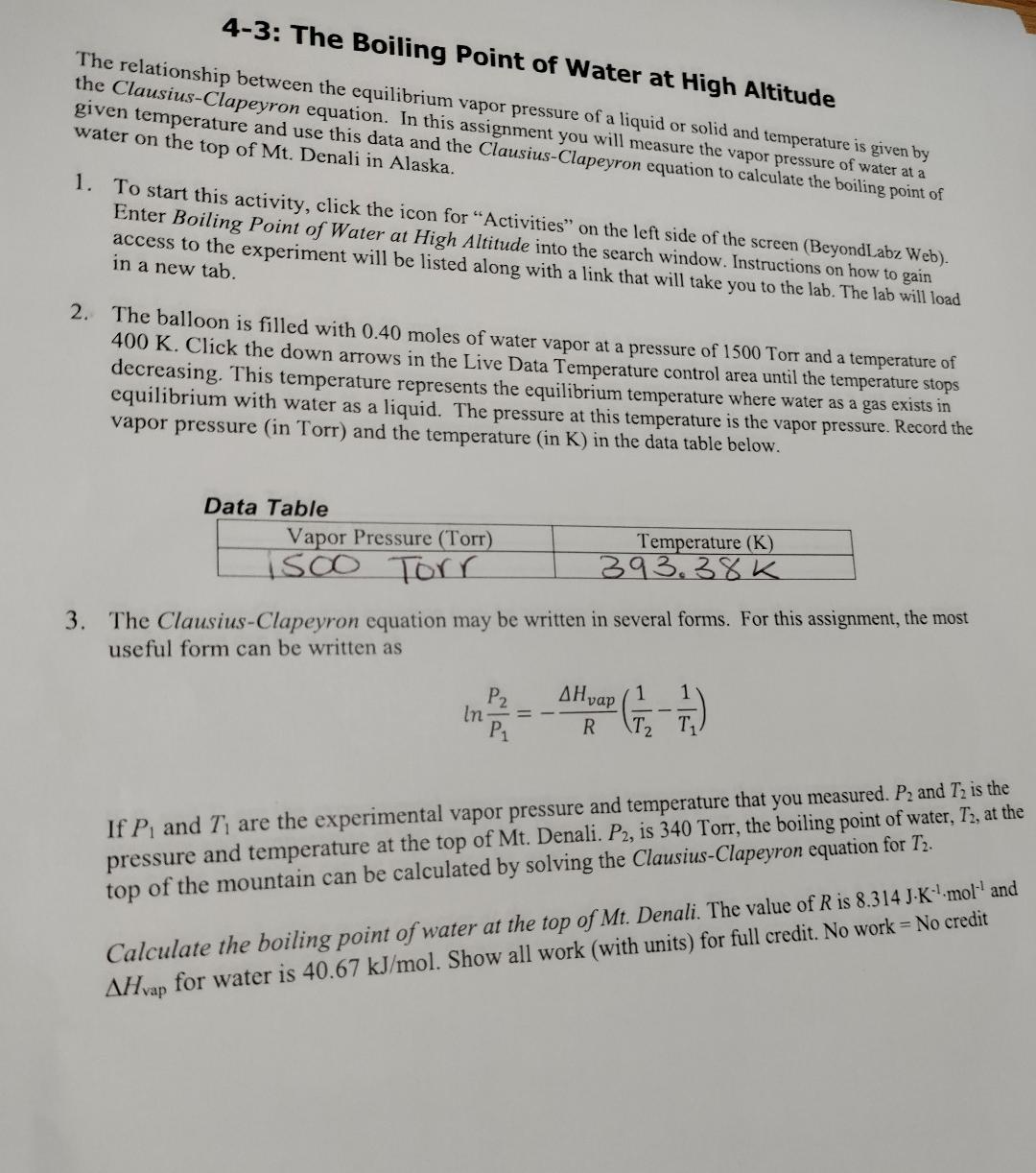 Solved 4-3: The Boiling Point of Water at High Altitude The | Chegg.com