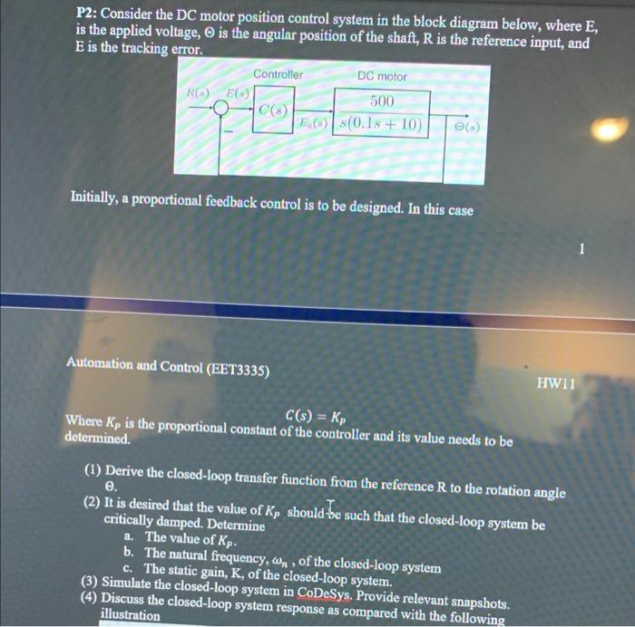 Solved P2: Consider the DC motor position control system in | Chegg.com