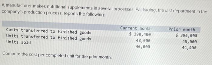 Solved A manufacturer makes nutritional supplements in | Chegg.com
