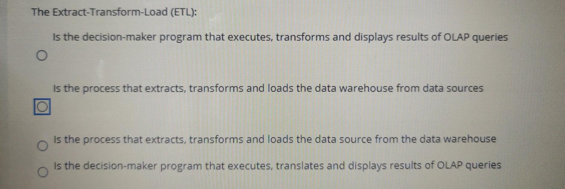 Solved The Extract-Transform-Load (ETL): Is the | Chegg.com