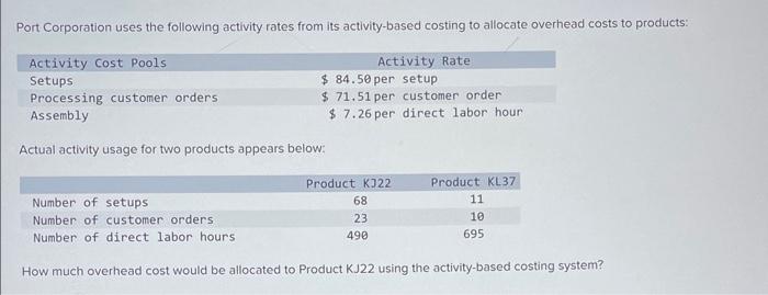 Solved Port Corporation uses the following activity rates | Chegg.com