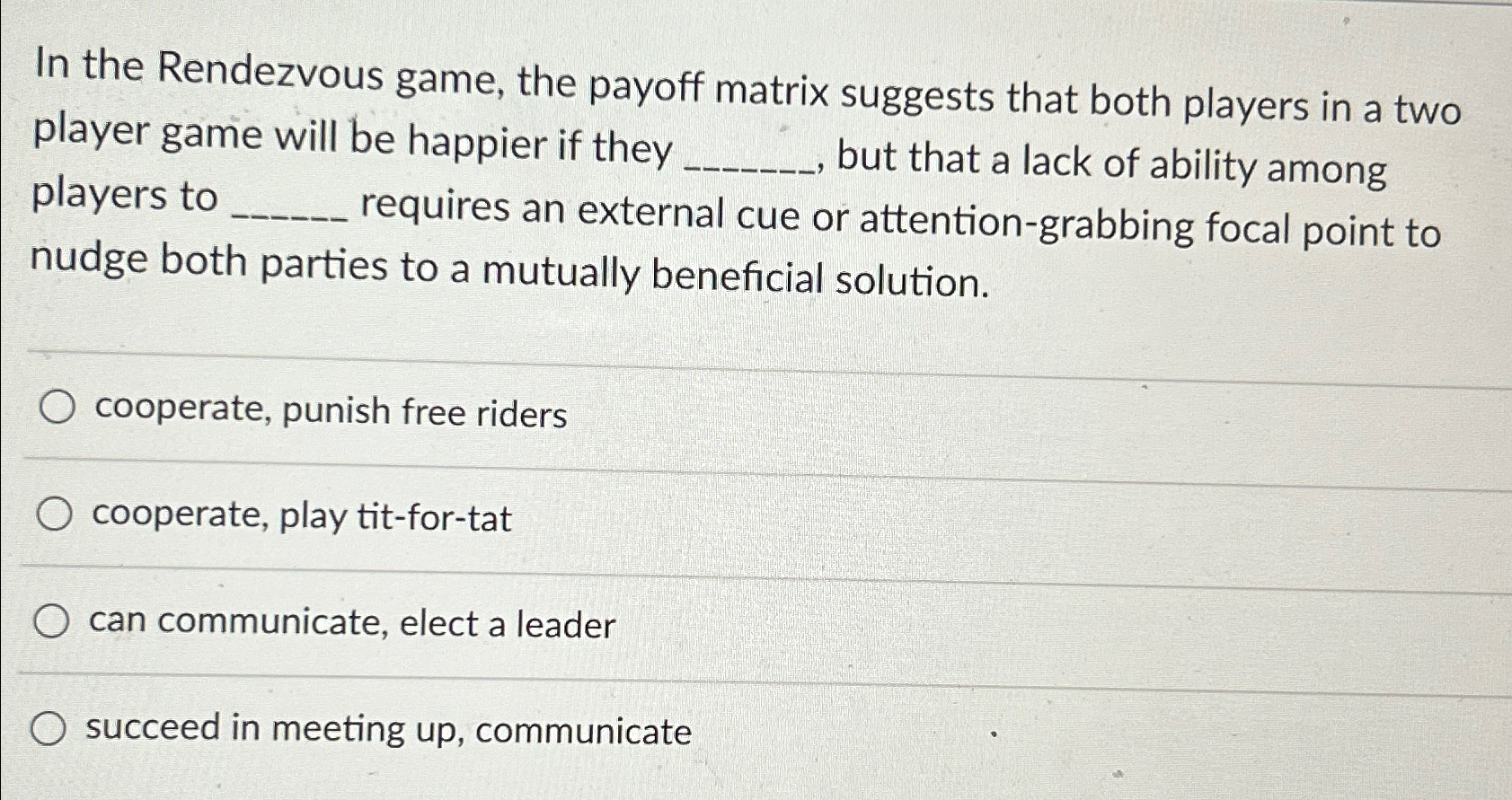 Solved In the Rendezvous game, the payoff matrix suggests | Chegg.com