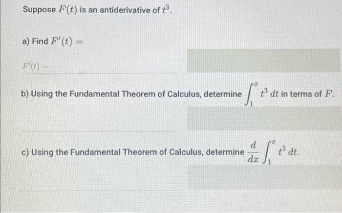 Solved Suppose F(t) is an antiderivative of t3. a) Find | Chegg.com