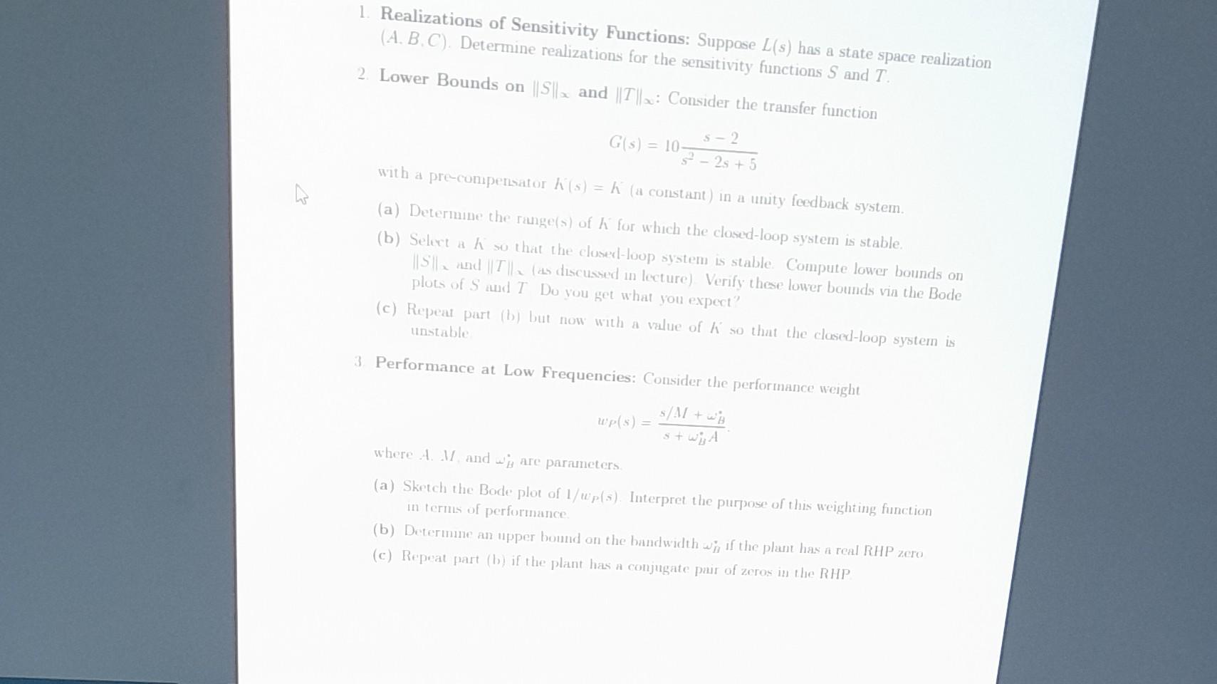 Solved 1. Realizations of Sensitivity Functions: Suppose | Chegg.com