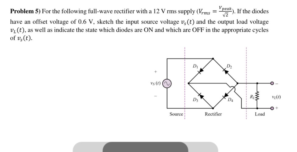 Solved Problem 5) For the following full-wave rectifier with | Chegg.com