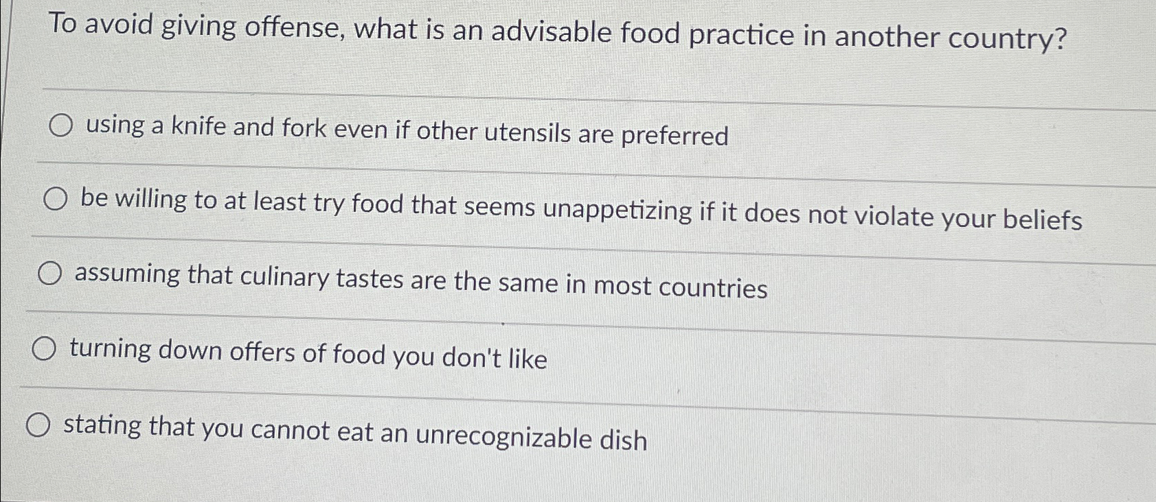 Solved To avoid giving offense, what is an advisable food | Chegg.com