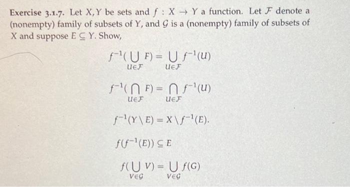 Solved Exercise 3.1.7. Let X,Y be sets and f:X→Y a function. | Chegg.com