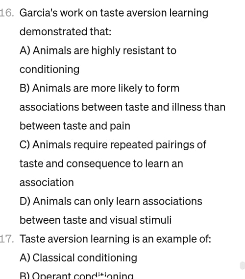 Solved Garcia's work on taste aversion learning demonstrated | Chegg.com