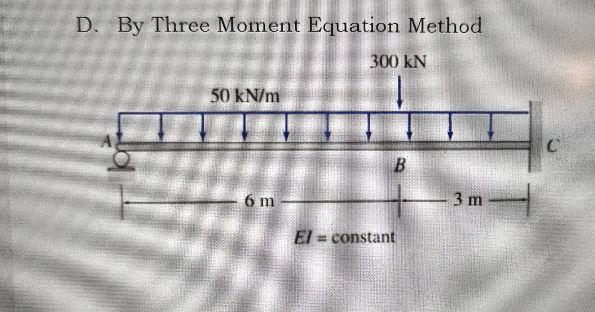 Solved D. By Three Moment Equation Method 300 KN 50 kN/m C B | Chegg.com