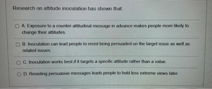 Solved Research on attitude inoculation has shown that: A. | Chegg.com