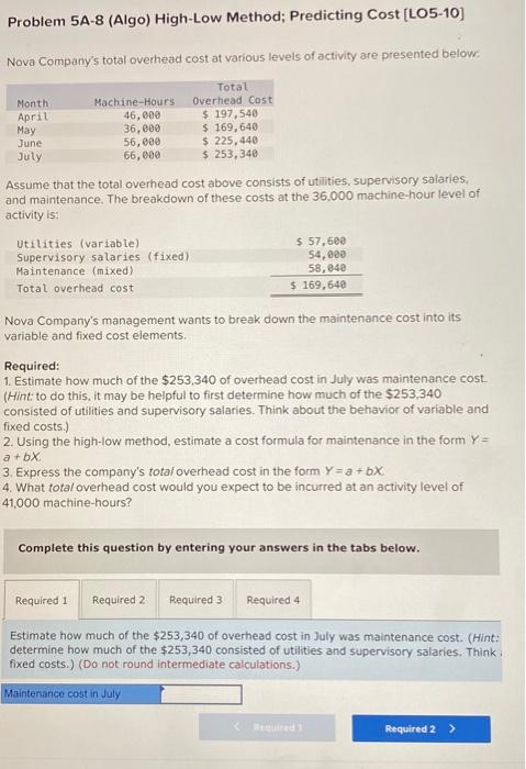 Solved Problem 5A-8 (Algo) High-Low Method; Predicting Cost | Chegg.com