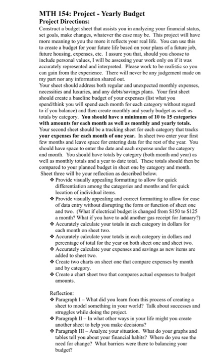 MTH 154: Project - Yearly Budget Project Directions: | Chegg.com