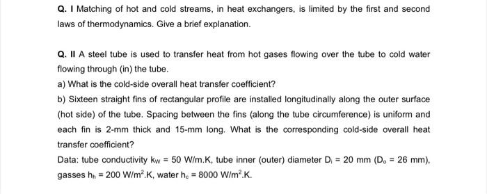 Solved Q. I Matching of hot and cold streams, in heat | Chegg.com