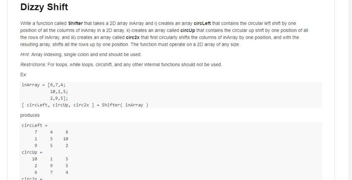 Solved Dizzy Shift Wine a function called Shifter that takes | Chegg.com