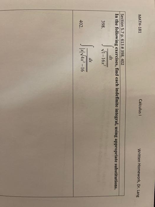 Solved MATH-181 Calculus Written Homework, Dr. Lang Section | Chegg.com